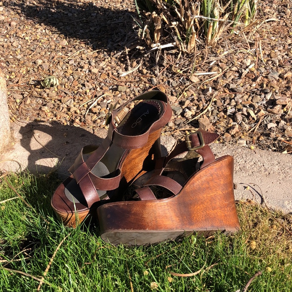 Brown Leather Aldo Wooden Platform Wedge Heeled Sanda… - Gem